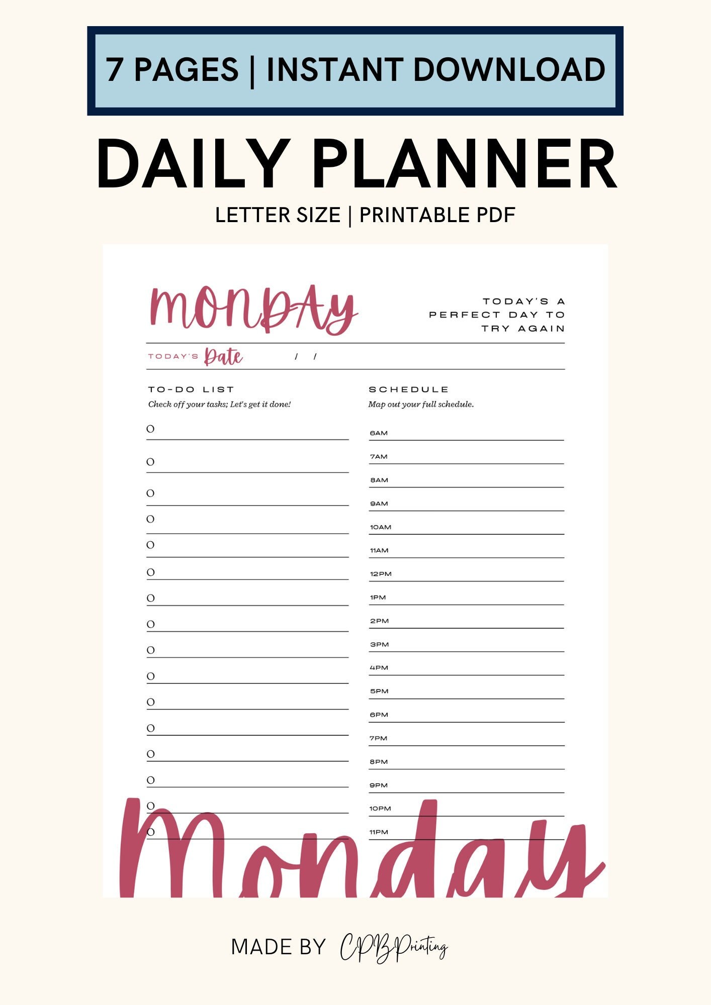 7 Day Planner Printable, Weekly Planner, Daily to Do, Daily Schedule ...