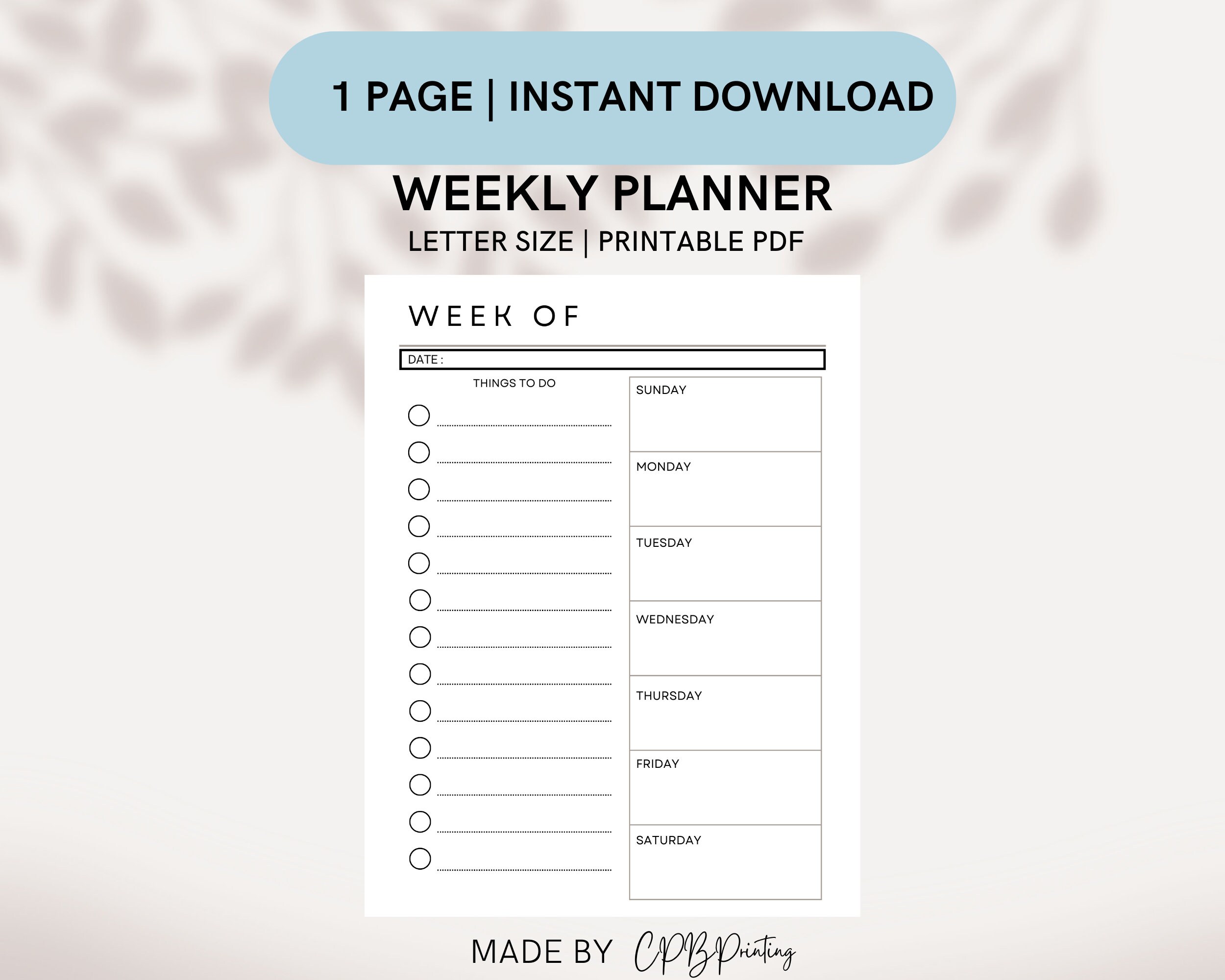 Weekly Planner Printable, Minimalist Weekly Schedule, Week at a Glance ...