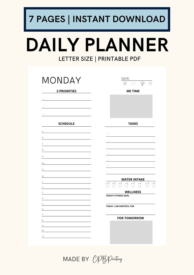 7 Day Planner Printable, Weekly Planner, Daily to Do, Daily Schedule ...