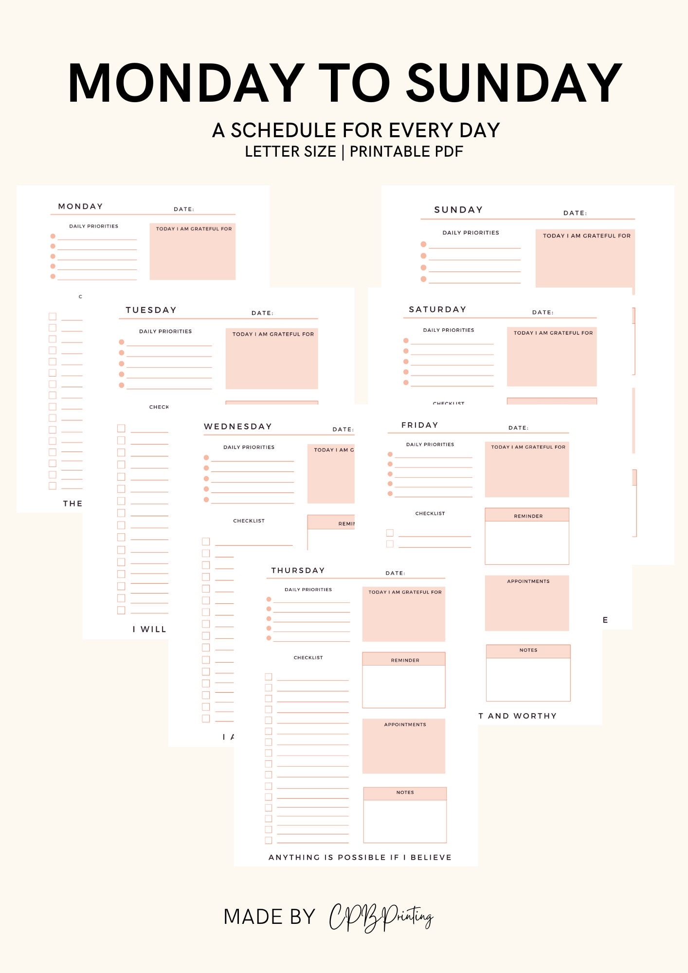 7 Day Planner Printable, Weekly Planner, Daily to Do, Daily Schedule ...