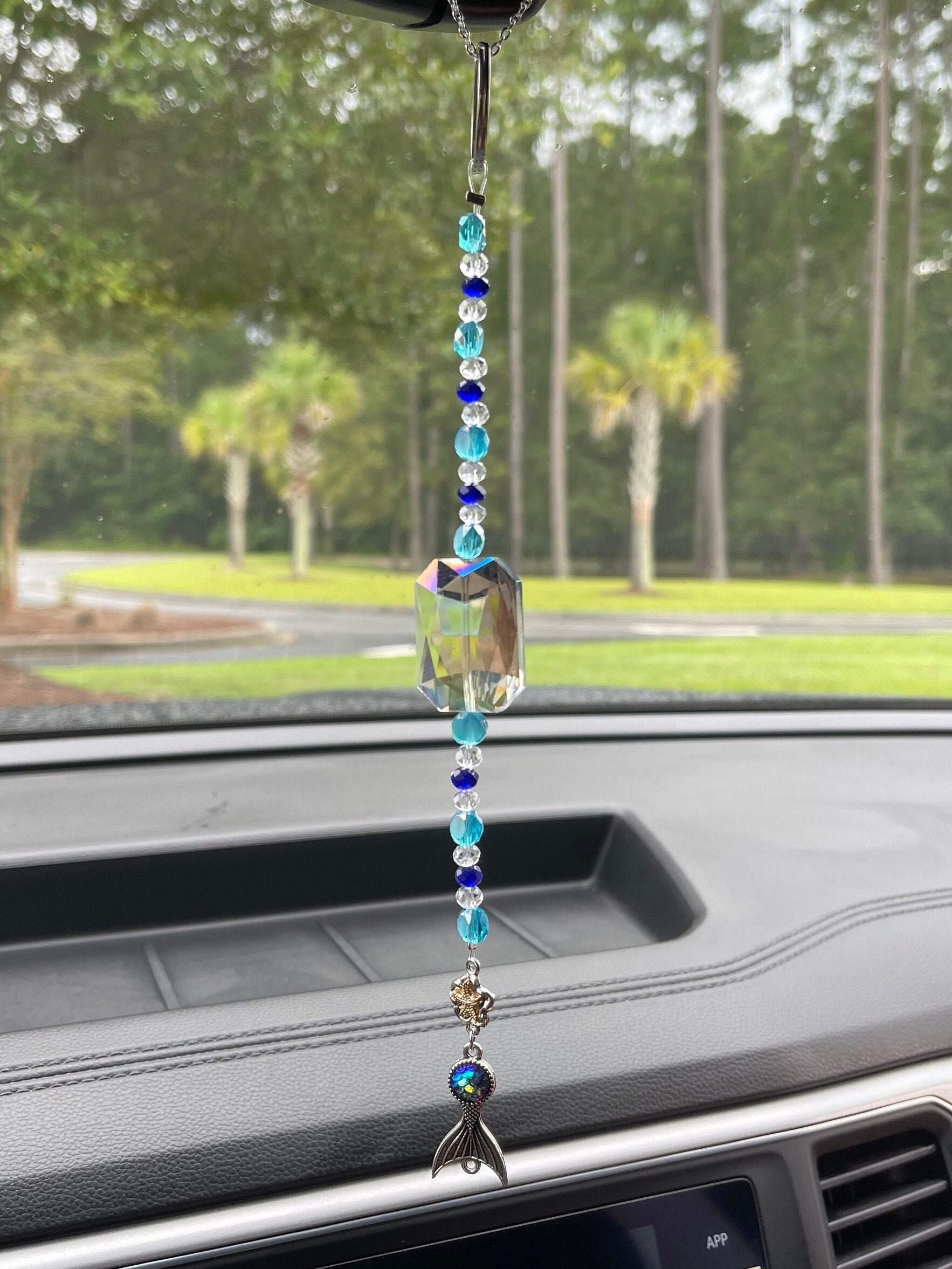 Blue Crystal Fishtail Hanging Car Charm Accessory for Rear View Mirror ...