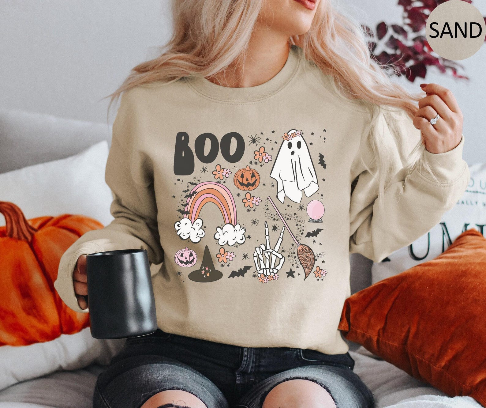 Retro Halloween Doodles Sweatshirt, Boo Halloween Sweater, Cute ...