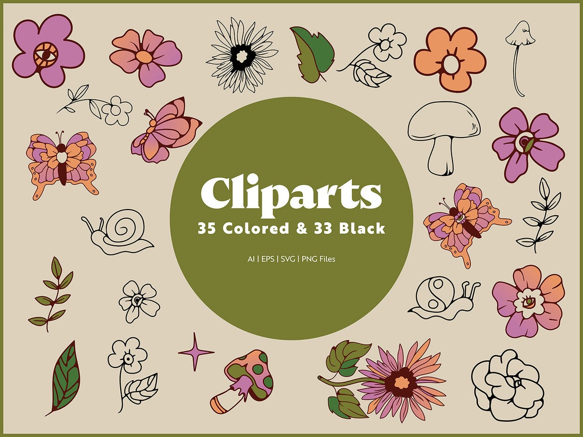 Floral Psychedelic | Retro Clip Arts and Borders Vector & Pngs Elements ...