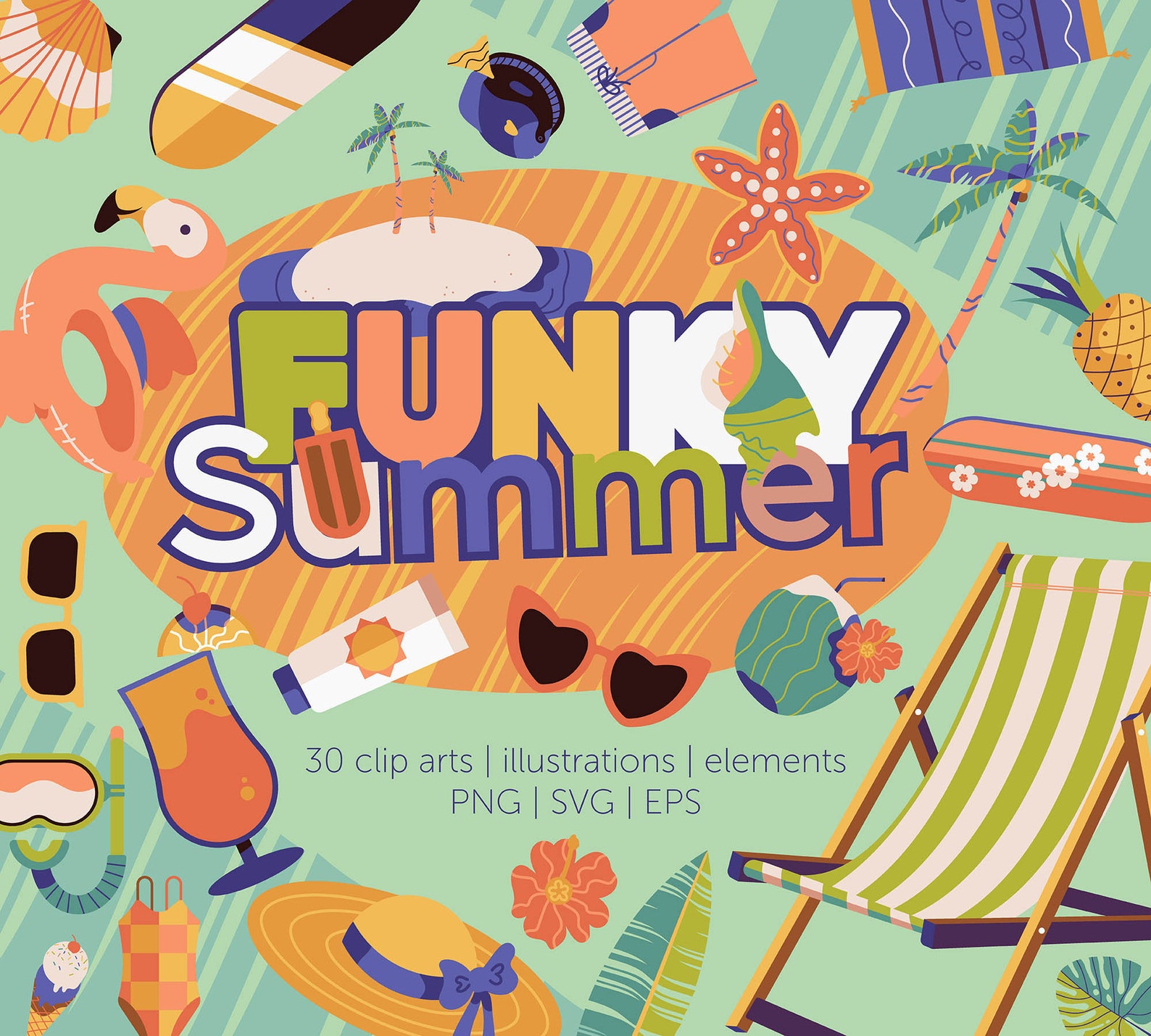 Funky Summer Clip Arts Summer Clipart Collection, Pineapple, Monstera ...