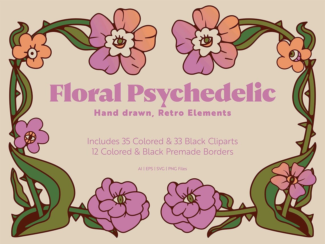 Floral Psychedelic | Retro Clip Arts and Borders Vector & Pngs Elements ...