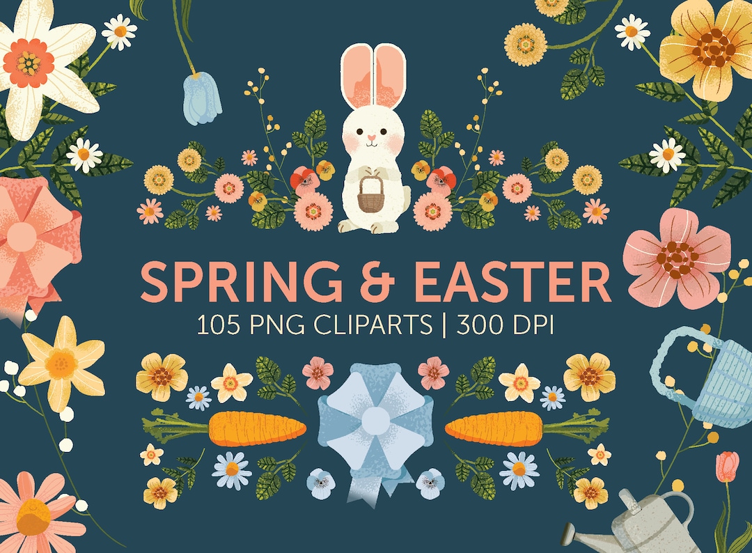 Spring & Easter Cliparts | PNG Files | Flowers, Rabbits, Bunny, Chicks ...