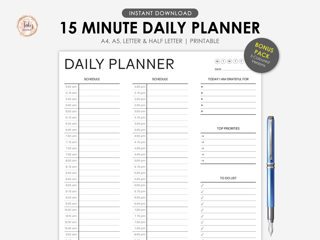 15 Minute Planner, Daily Planner Printable, Time Block Printable, Daily ...