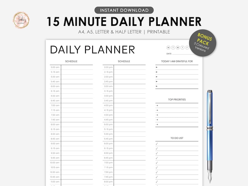 15 Minute Planner, Daily Planner Printable, Time Block Printable, Daily ...