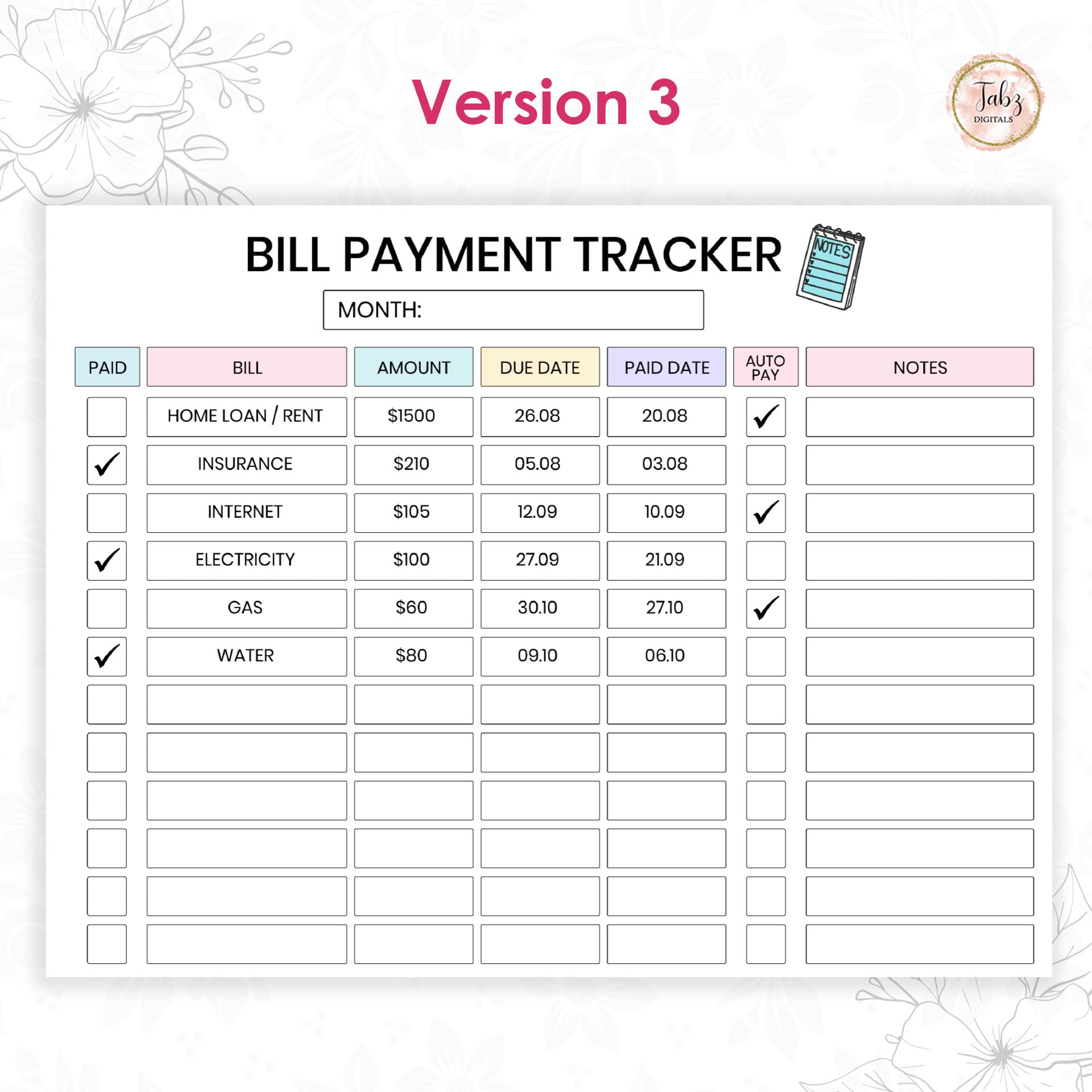Printable Bill Payment Tracker, Monthly Bill Payment Tracker, Editable ...