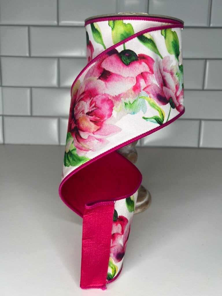 4 Pink Vibrant Peonies Ribbon, Spring Ribbon, Pink Ribbon, Pink Floral ...