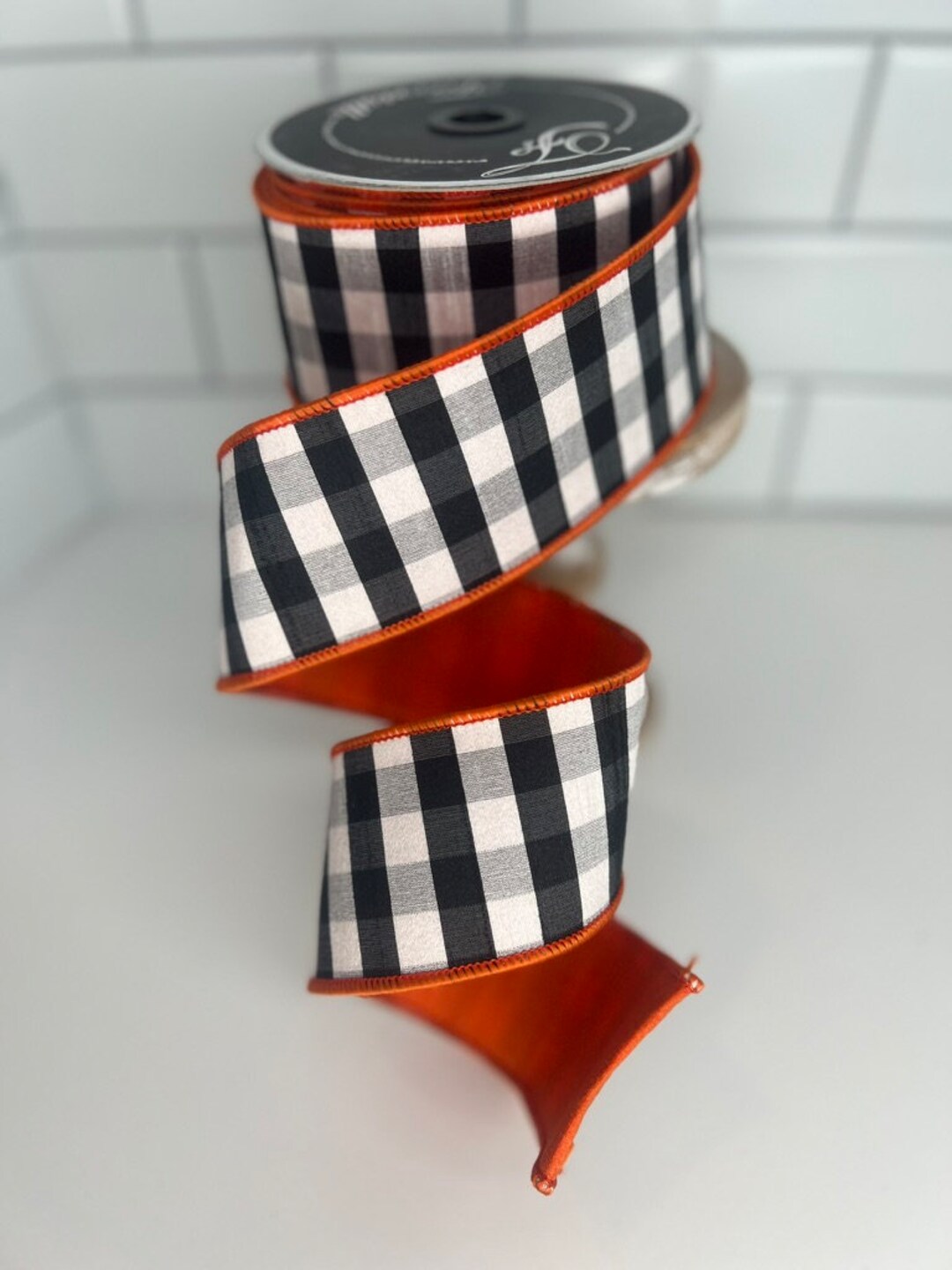 2.5" Black and White Checks With Orange Farrisilk Ribbon, Wired Ribbon ...