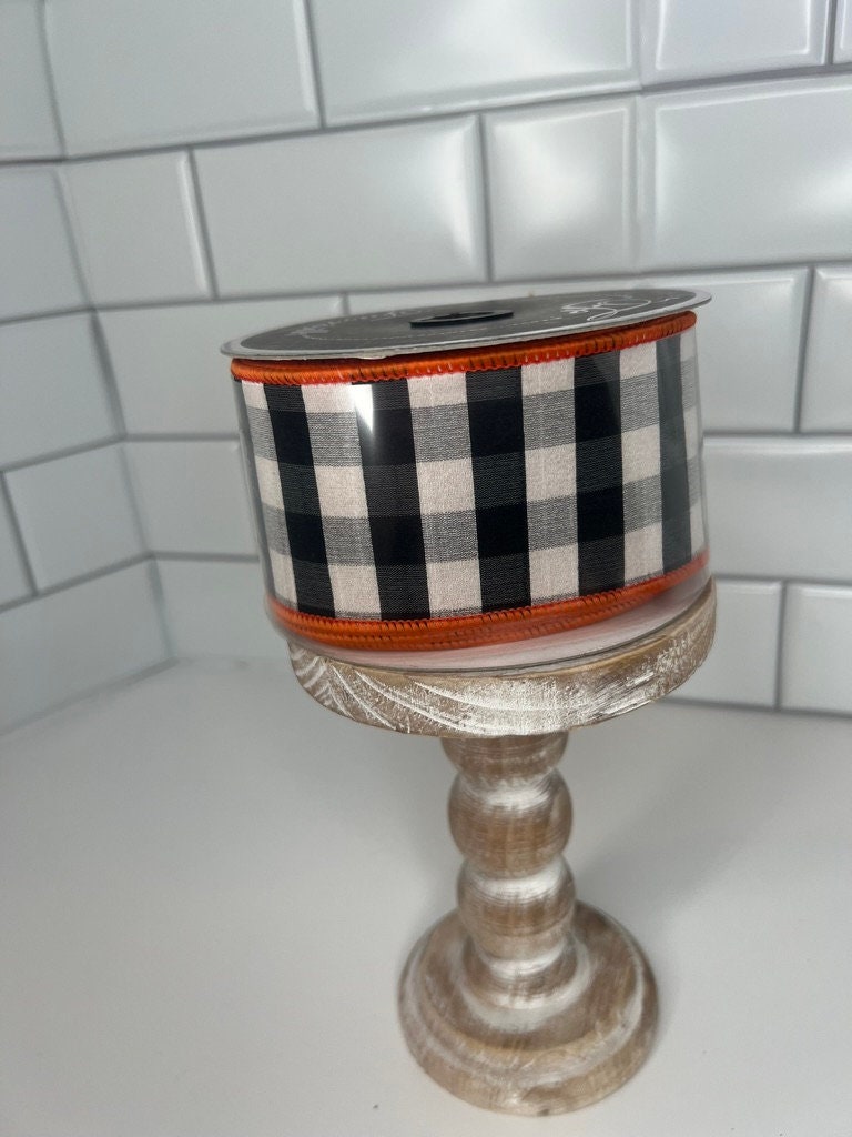 2.5" Black and White Checks With Orange Farrisilk Ribbon, Wired Ribbon ...