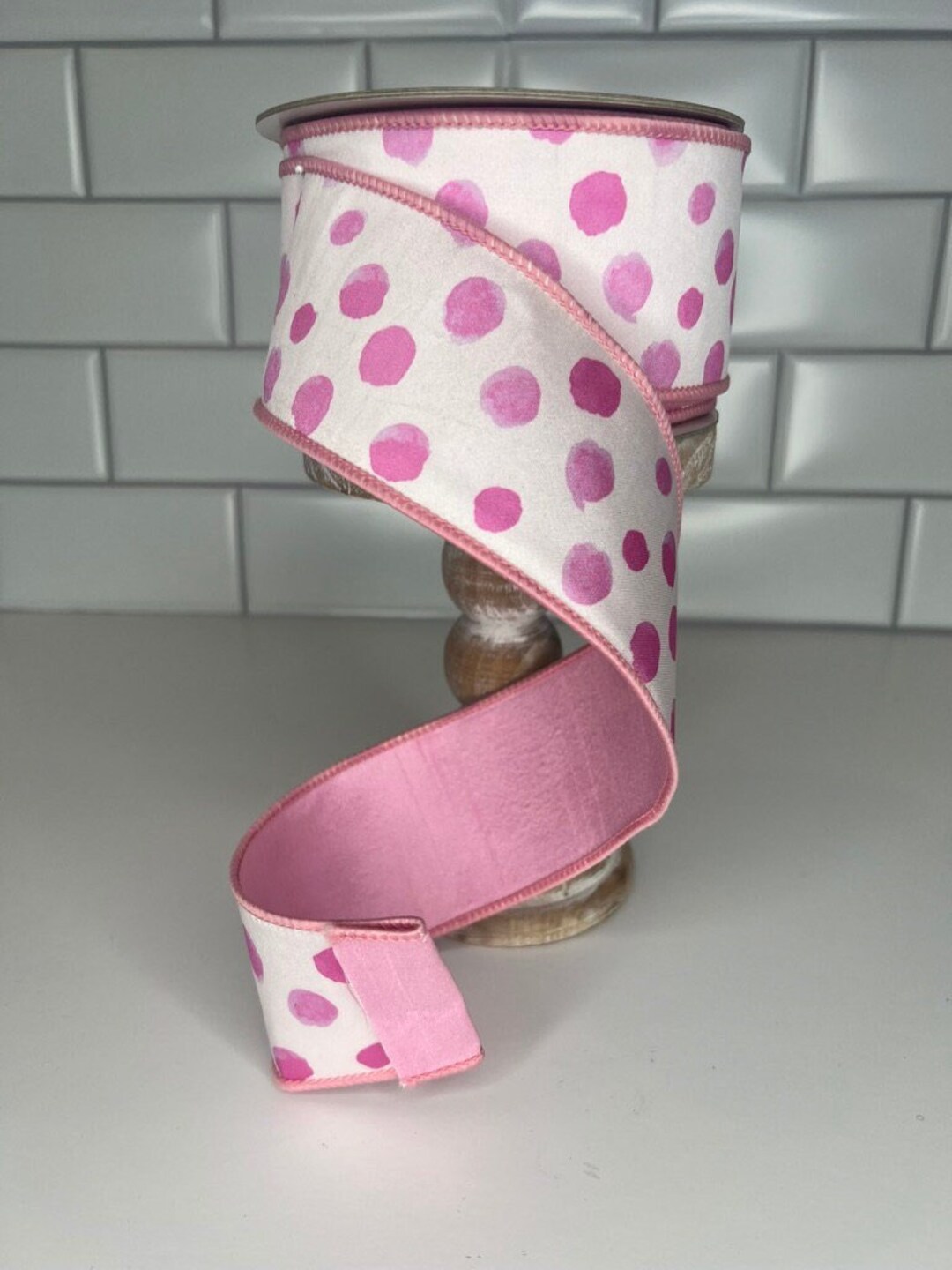 2.5" Pink and White Dots Farrisilk Ribbon, Wired Ribbon, Designer ...
