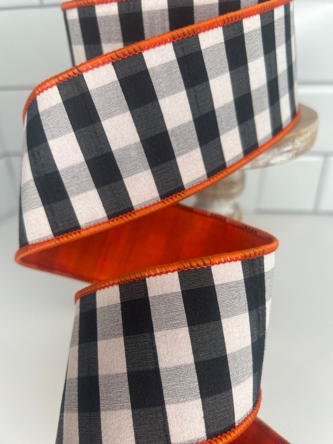 2.5" Black and White Checks With Orange Farrisilk Ribbon, Wired Ribbon ...
