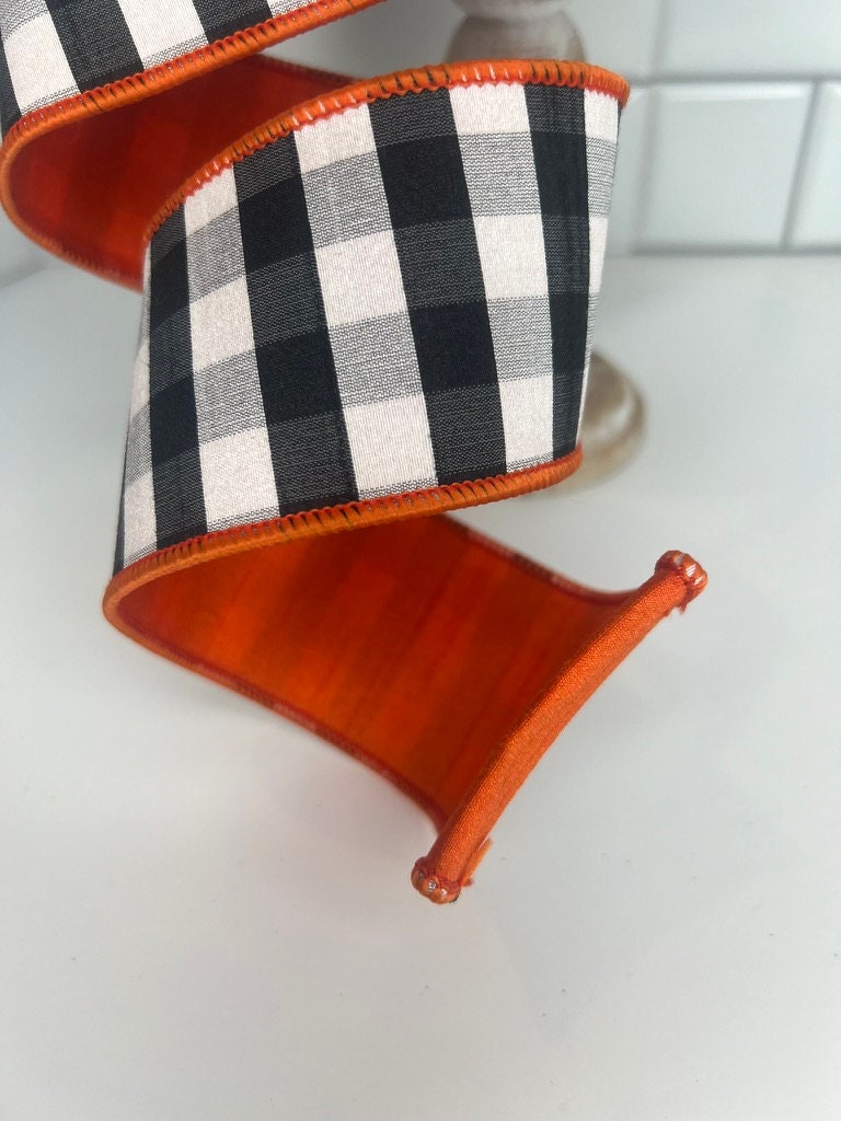 2.5" Black and White Checks With Orange Farrisilk Ribbon, Wired Ribbon ...