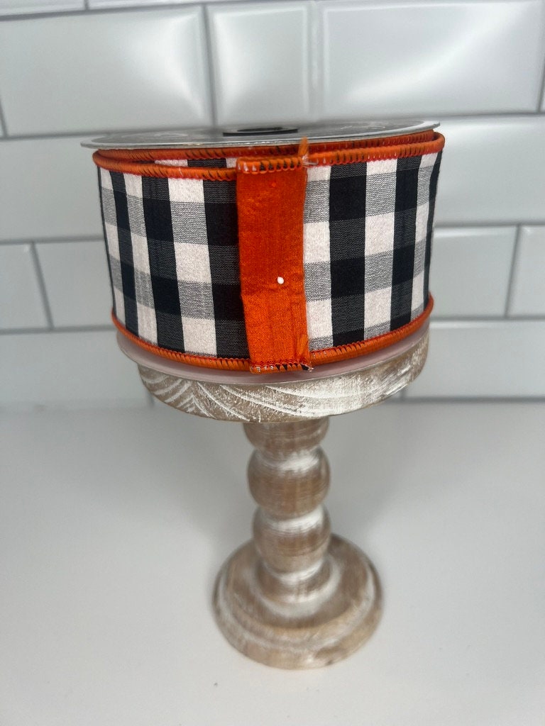2.5" Black and White Checks With Orange Farrisilk Ribbon, Wired Ribbon ...