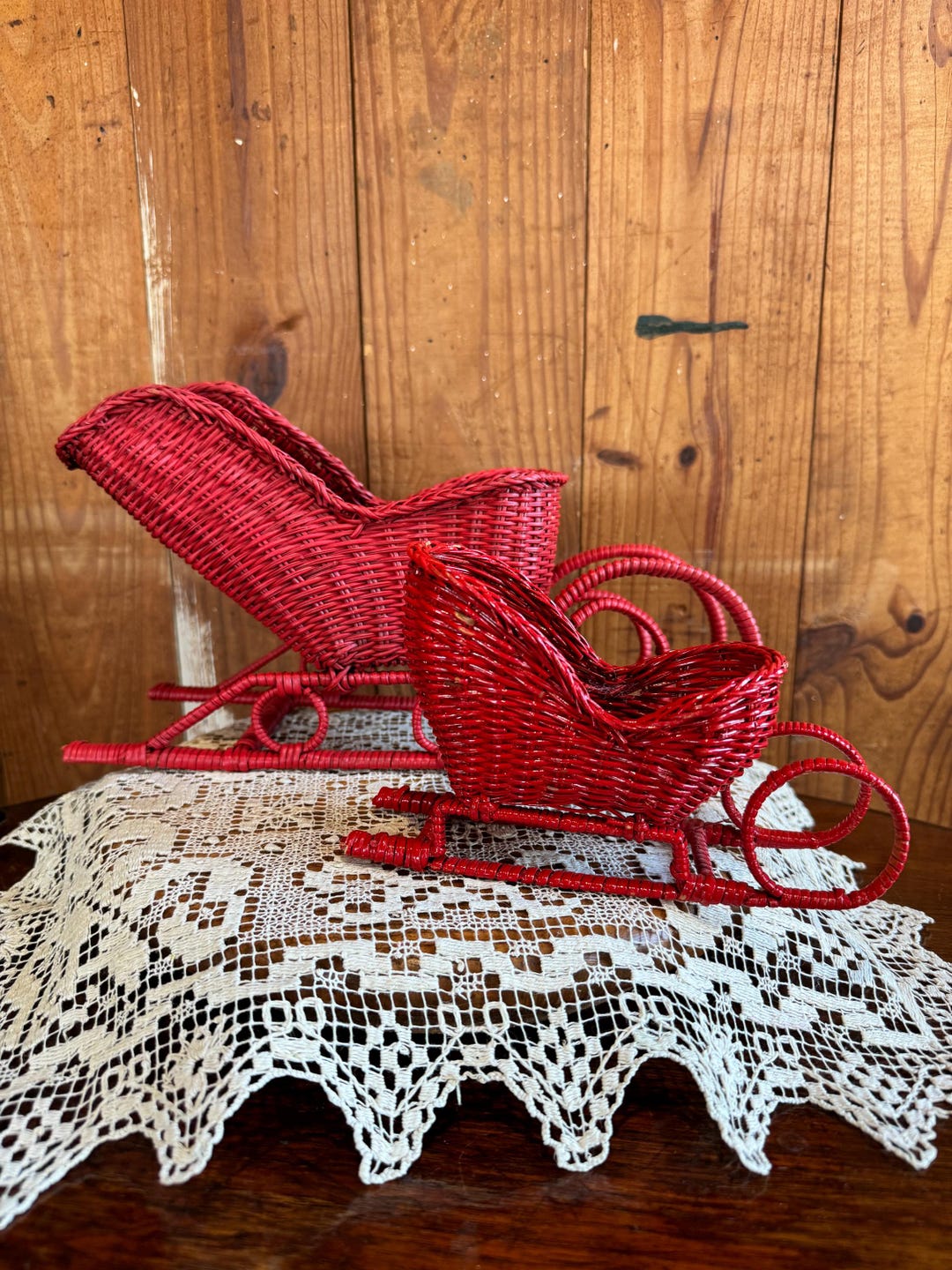 Set of 2 Small Red Wicker Sleigh Baskets Vintage Christmas Decor - Etsy