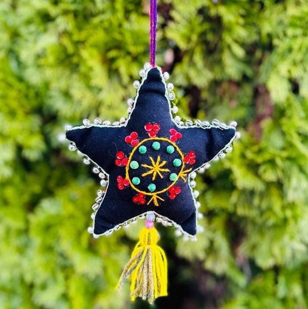 Hand Embroidered Black Star Ornament With Bells and Beads, Embroider ...