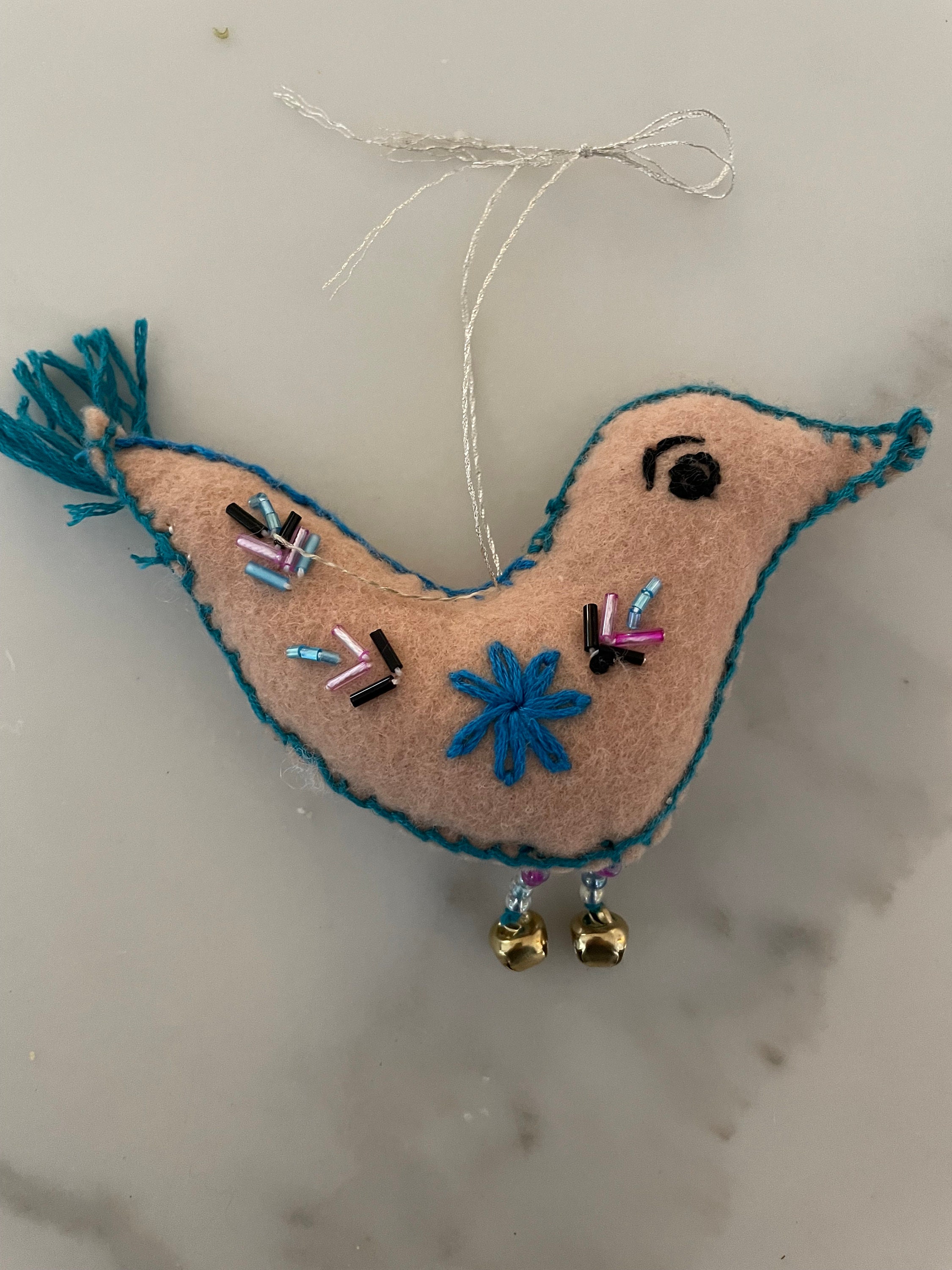 Hand Embroidered Felt Bird Ornament With Bells, Afghanistan, Refugee ...