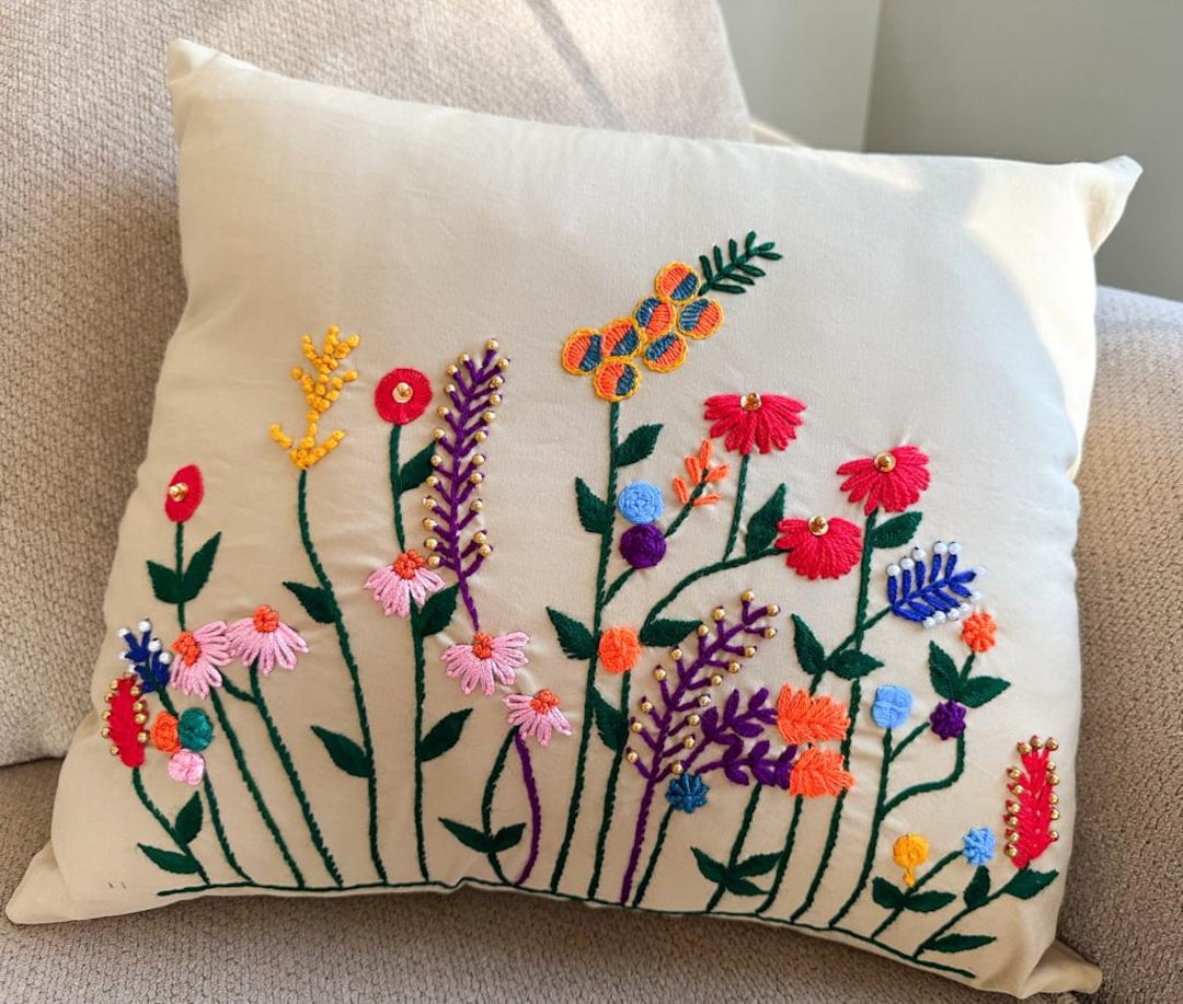 Hand Embroidered Floral Pillow, Wildflower Embroidery, Whimsical Floral ...