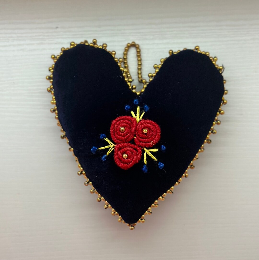 Hand Embroidered Blue Velvet Heart Ornament, Home Decoration, Zala ...