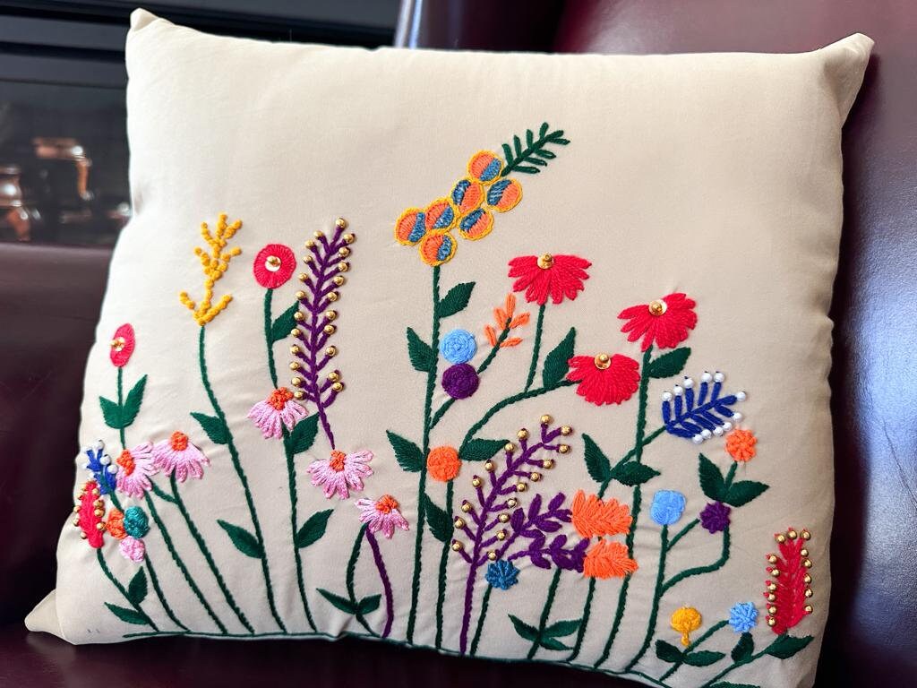 Hand Embroidered Floral Pillow, Wildflower Embroidery, Whimsical Floral ...