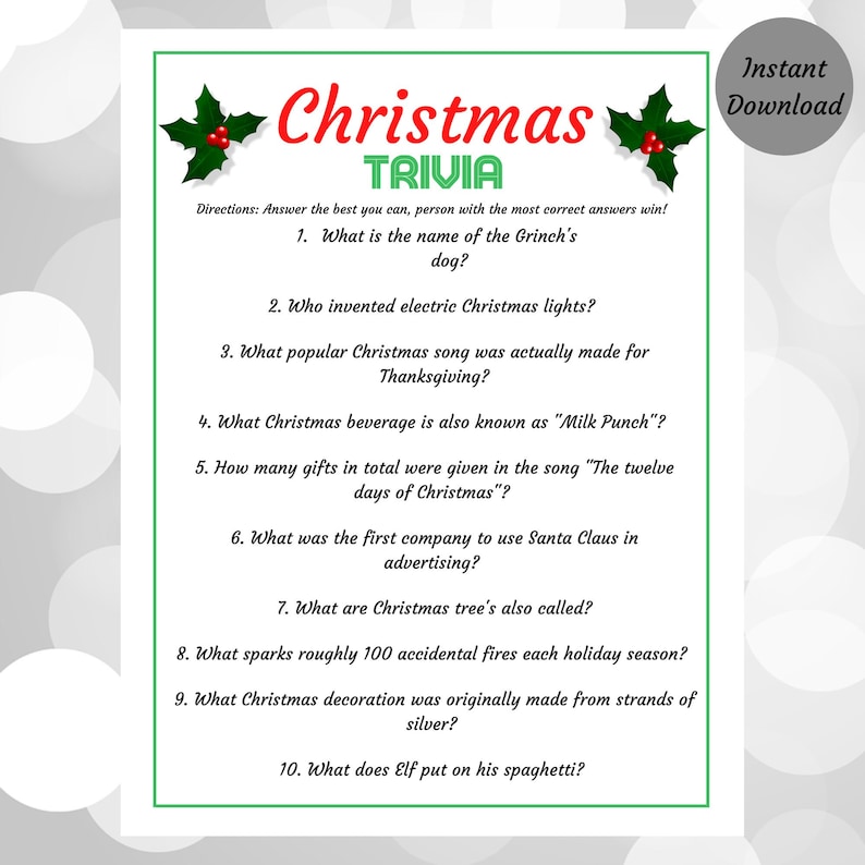 Christmas Trivia, Printable Holiday Game, Instant Download, Xmas Party ...