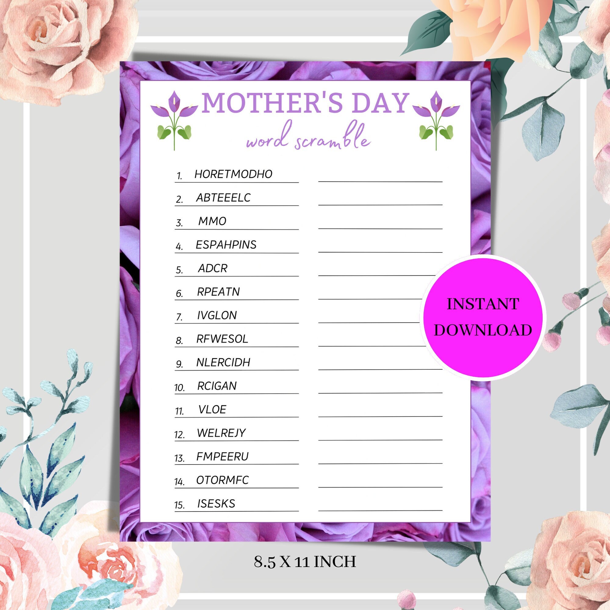 Mothers Day Word Game, Mother's Day Party Games, Word Scramble, Mother ...