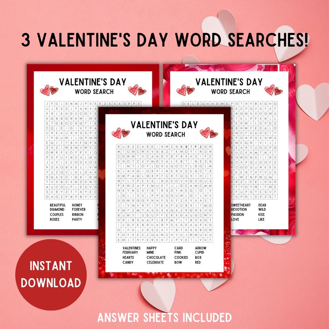 Valentine's Day Word Search, 3 Different Words Searches, Printable ...