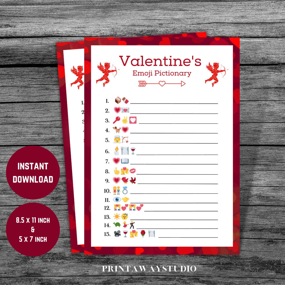 Valentine's Day Emoji Pictionary Game, Fun Valentine's Party Prints ...