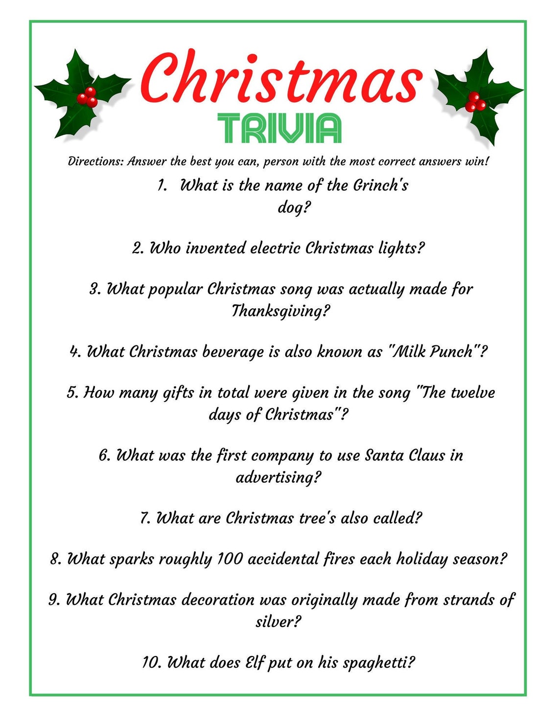 Christmas Trivia, Printable Holiday Game, Instant Download, Xmas Party ...