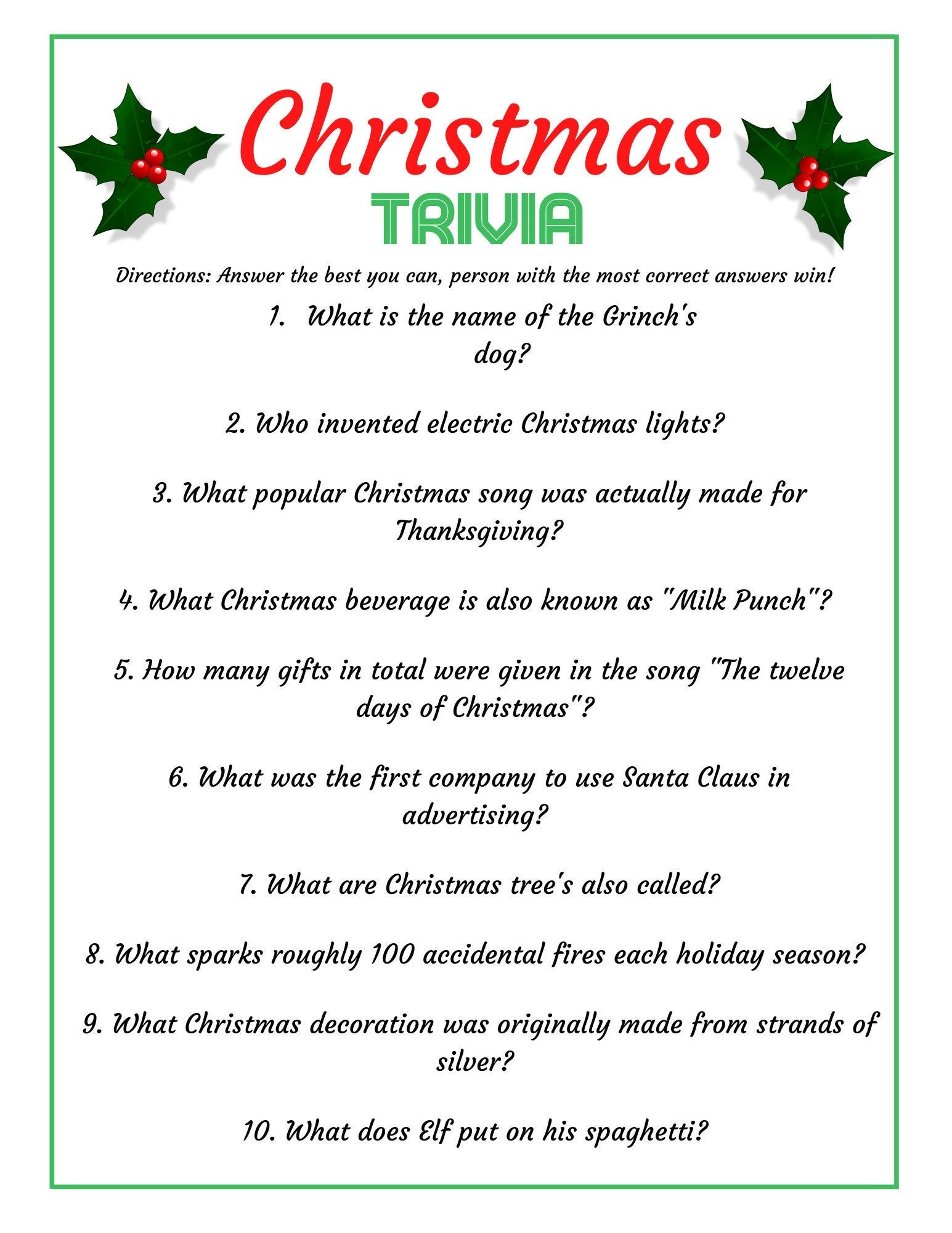 Christmas Trivia, Printable Holiday Game, Instant Download, Xmas Party ...