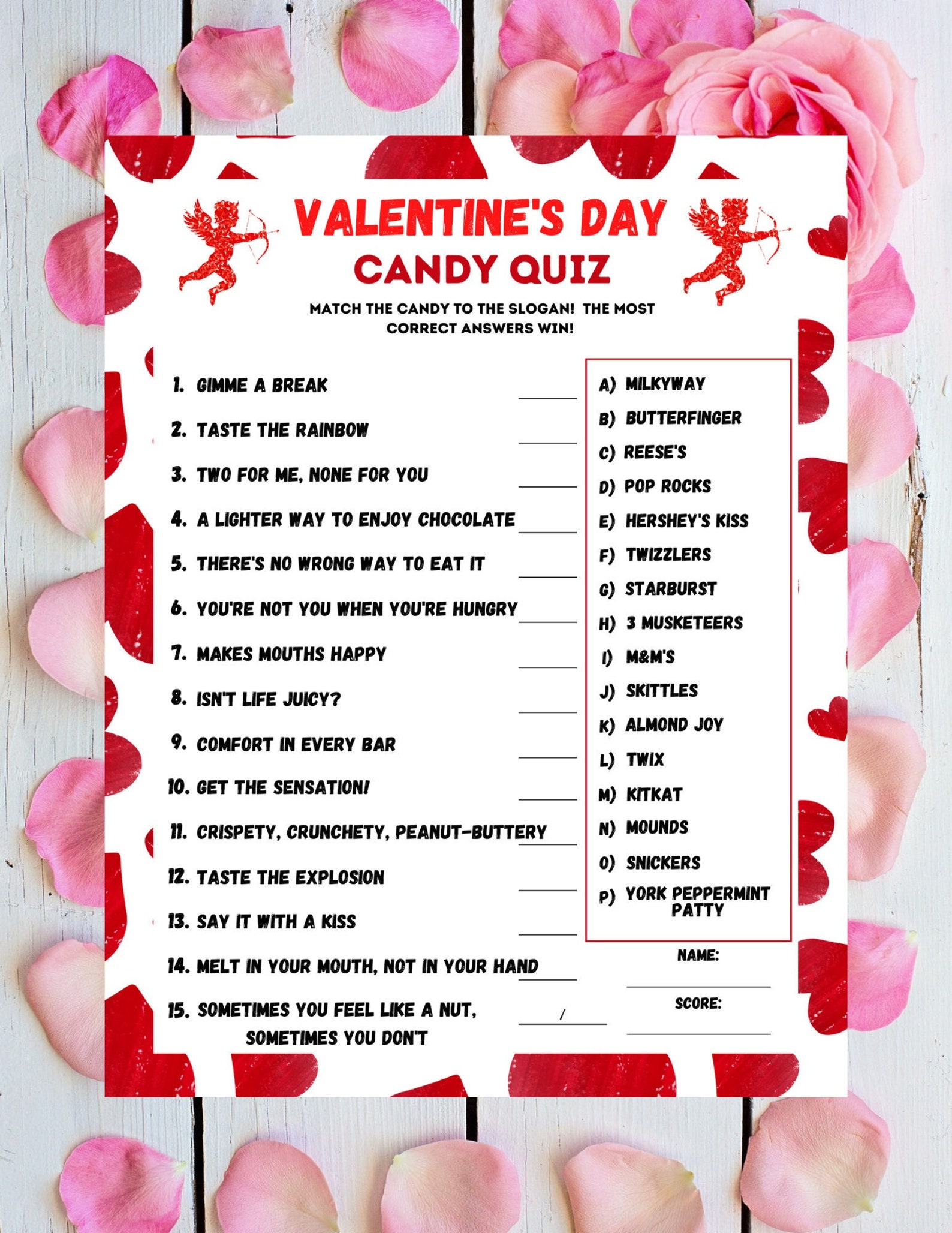 Valentines Day Candy Quiz Game, Printable V-day Party Game, Valentines ...