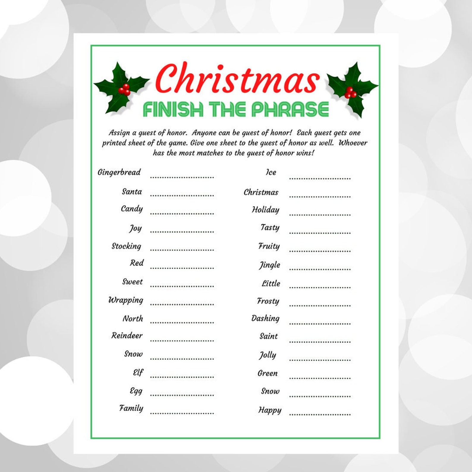Christmas Finish the Phrase Game, Printable Holiday PDF PNG, Xmas Party ...
