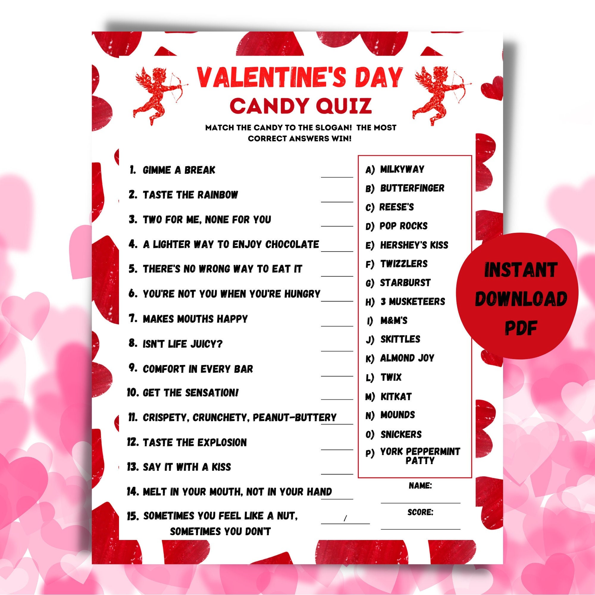 Valentines Day Candy Quiz Game, Printable V-day Party Game, Valentines ...