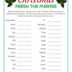 Christmas Finish the Phrase Game, Printable Holiday PDF PNG, Xmas Party ...