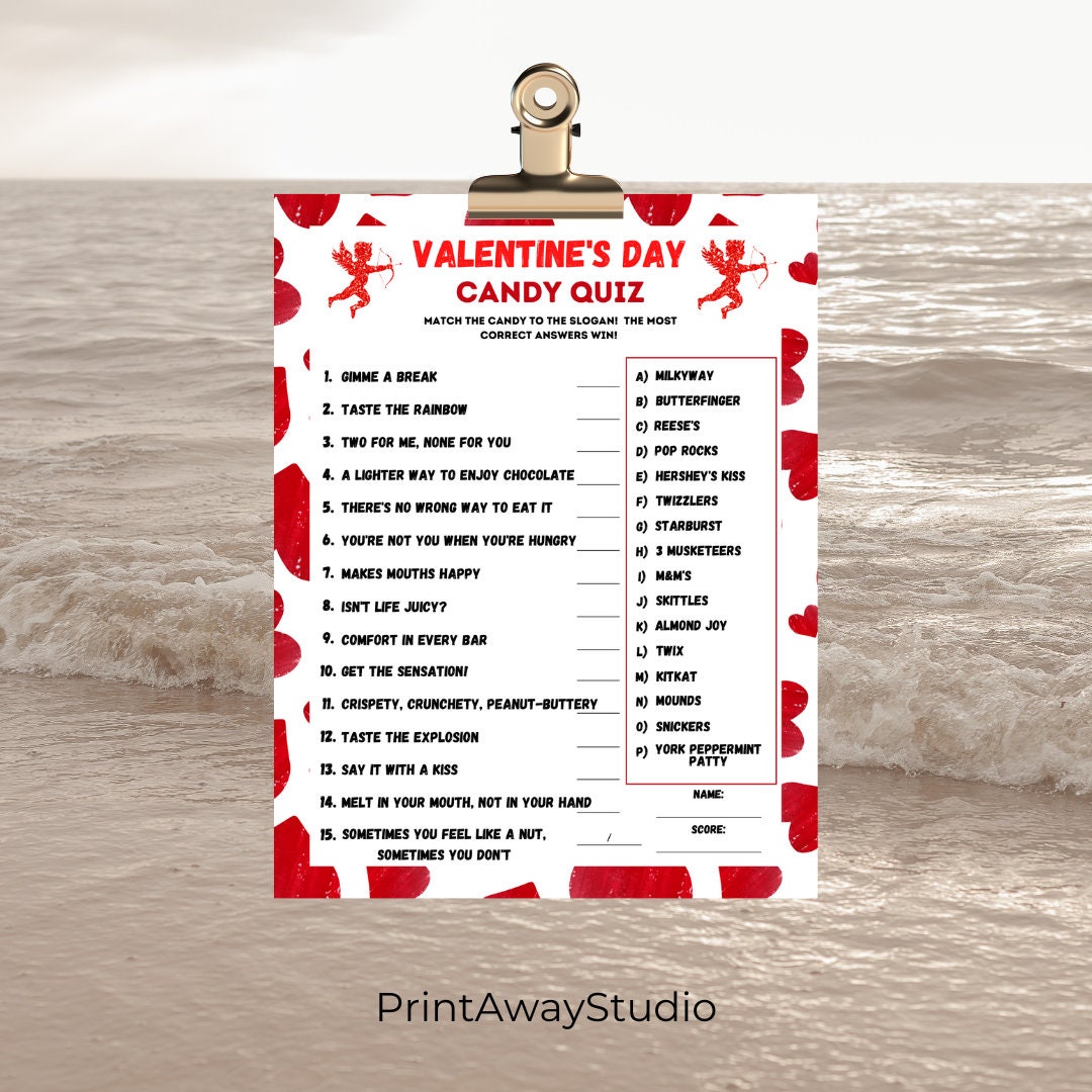 Valentines Day Candy Quiz Game, Printable V-day Party Game, Valentines ...