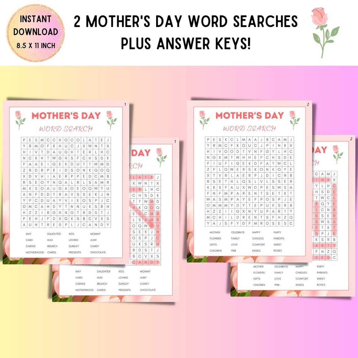 Mothers Day, Word Searches Bundle, 2 in 1 Games, Printable Mothers Day ...