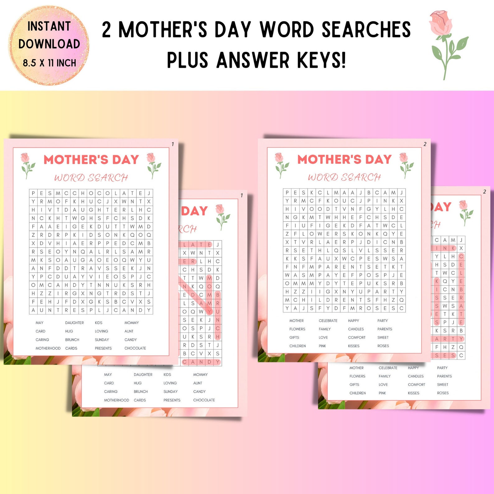 Mothers Day, Word Searches Bundle, 2 in 1 Games, Printable Mothers Day ...