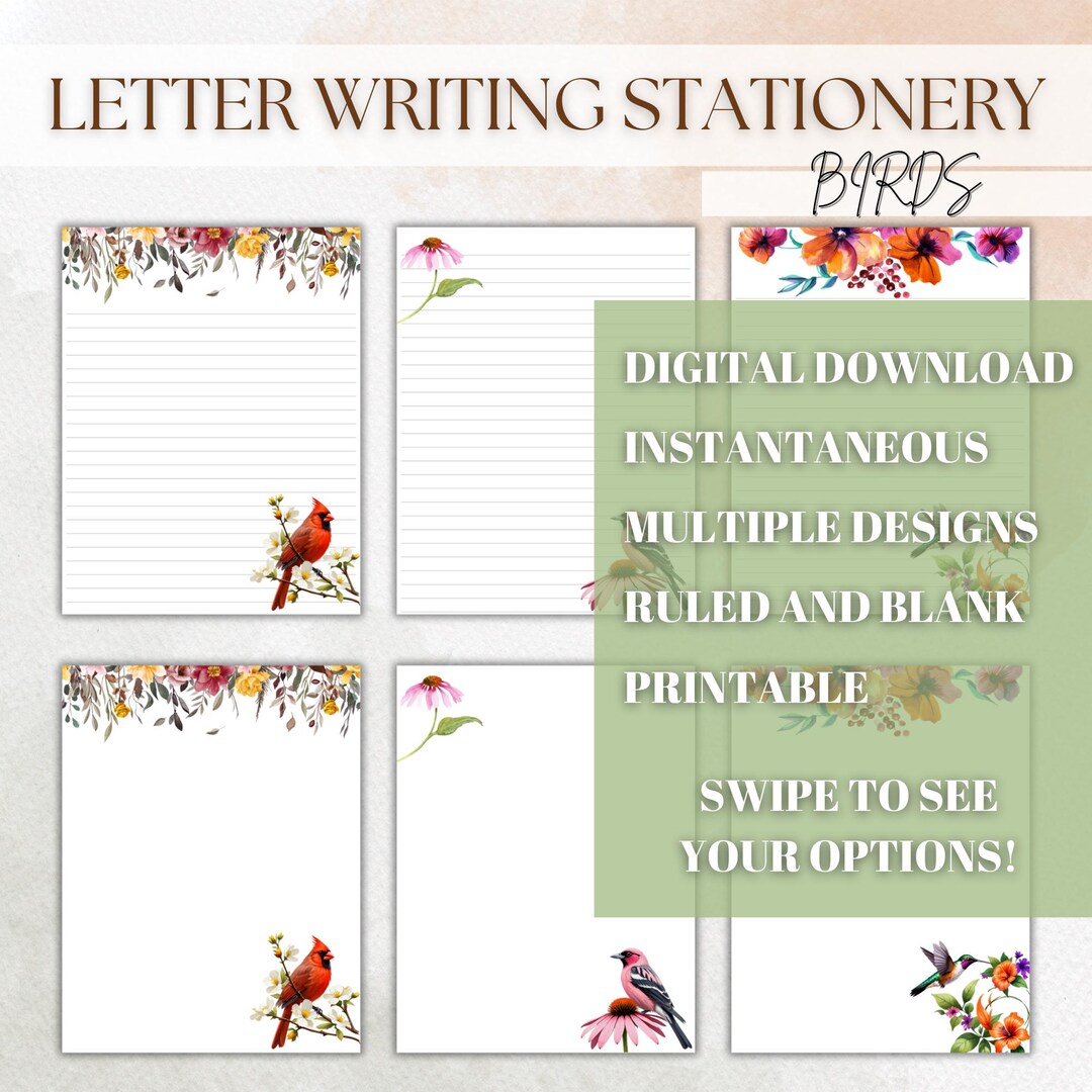 Letter Writing Stationery | JW | Birds, Flowers | Ruled & Blank - Etsy
