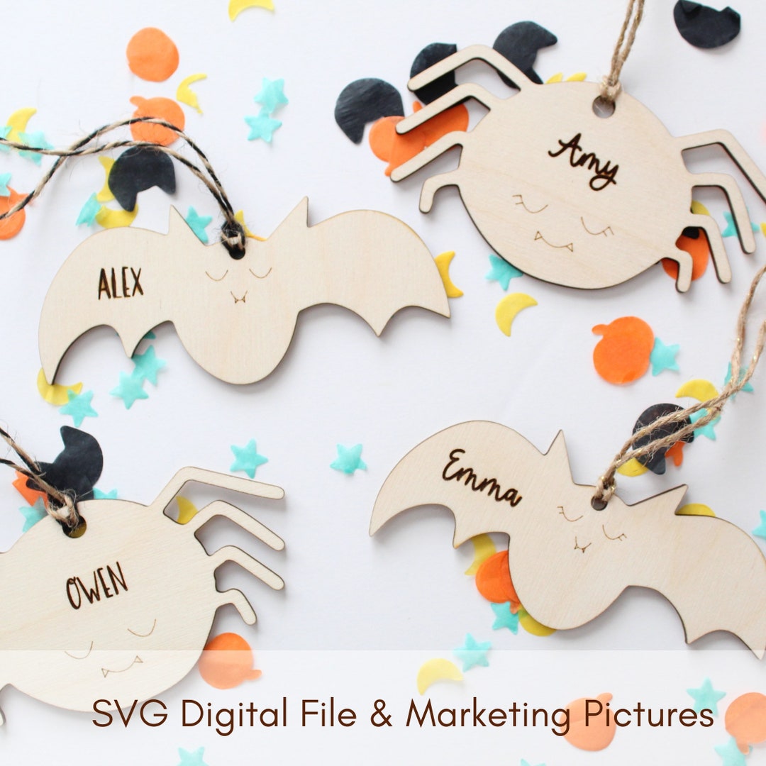 Halloween Spider and Bats Tag Glowforge SVG File, Halloween Tag Bundle ...