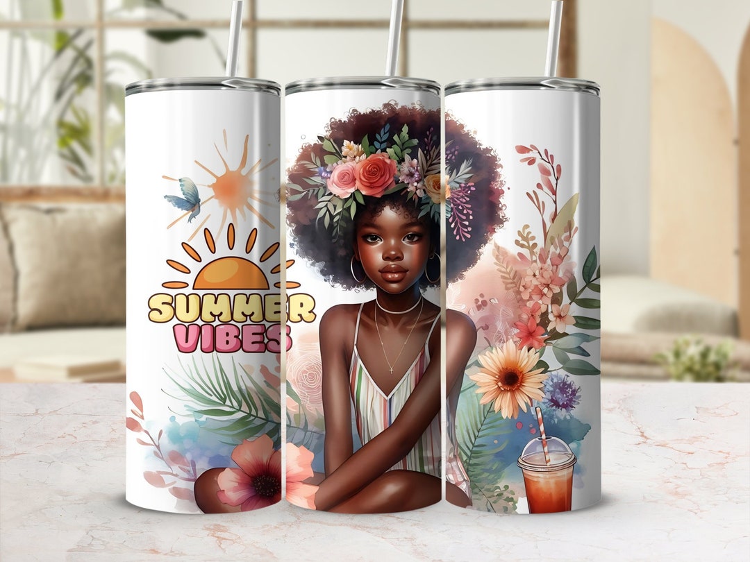 African American Clipart, Melanin Girl Summer Vibes 20oz Skinny Tumbler ...