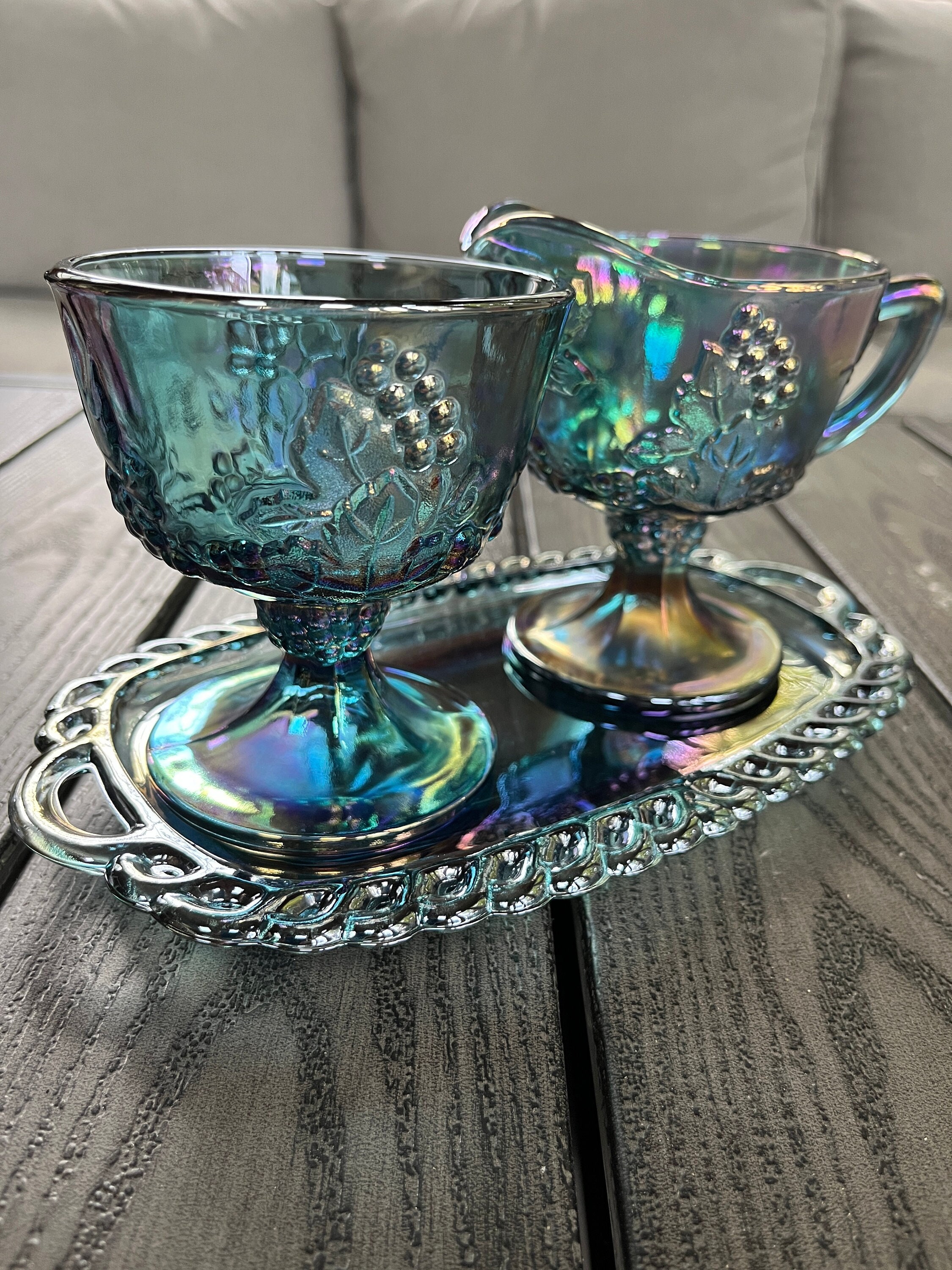 Beautiful 3 Piece 1970's Blue Carnival Glass Creamer, Sugar Dish, and ...