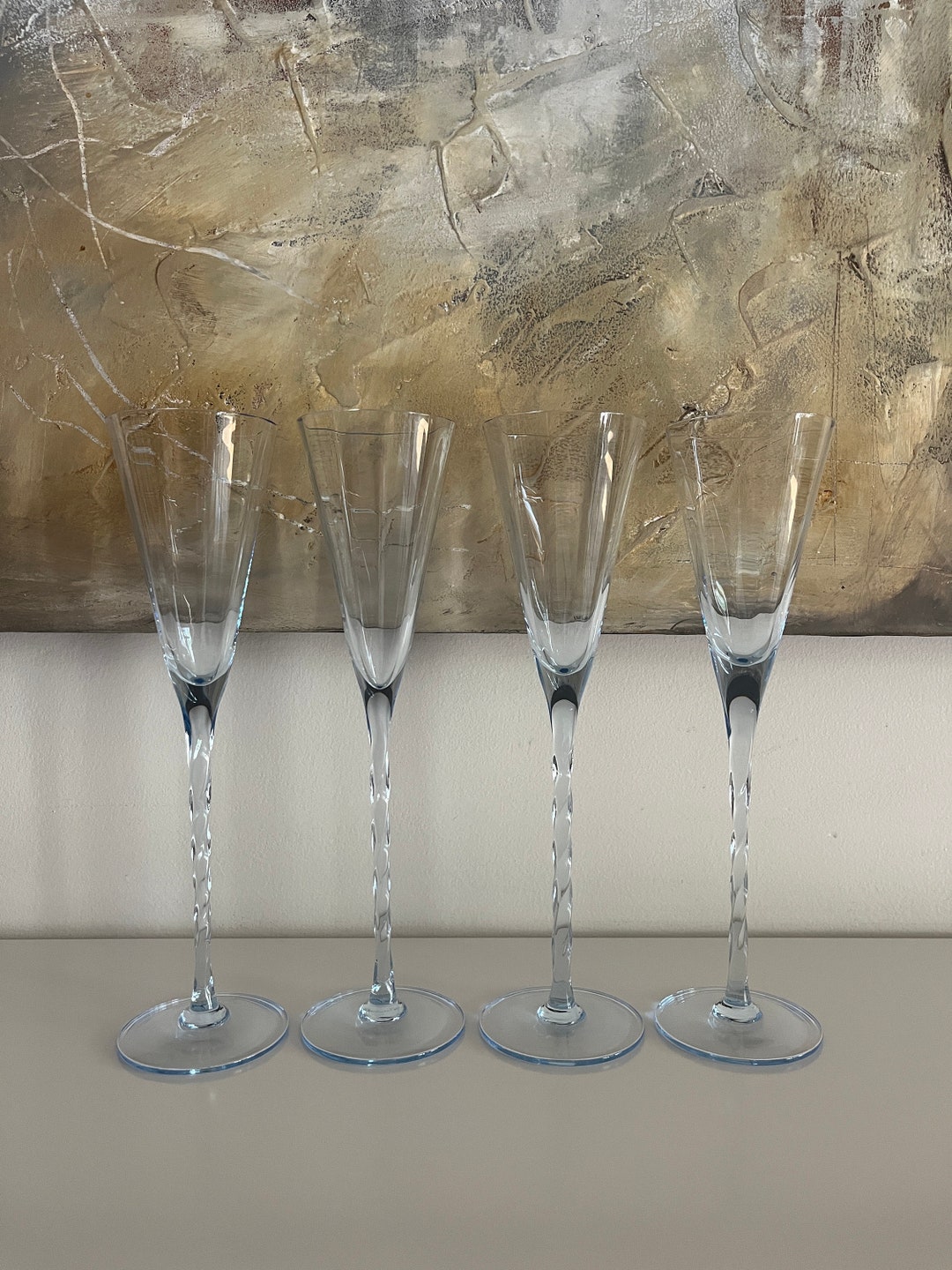 Beautiful Set of Blue Glass Champagne Flutes With Elegant Twisted Stems ...