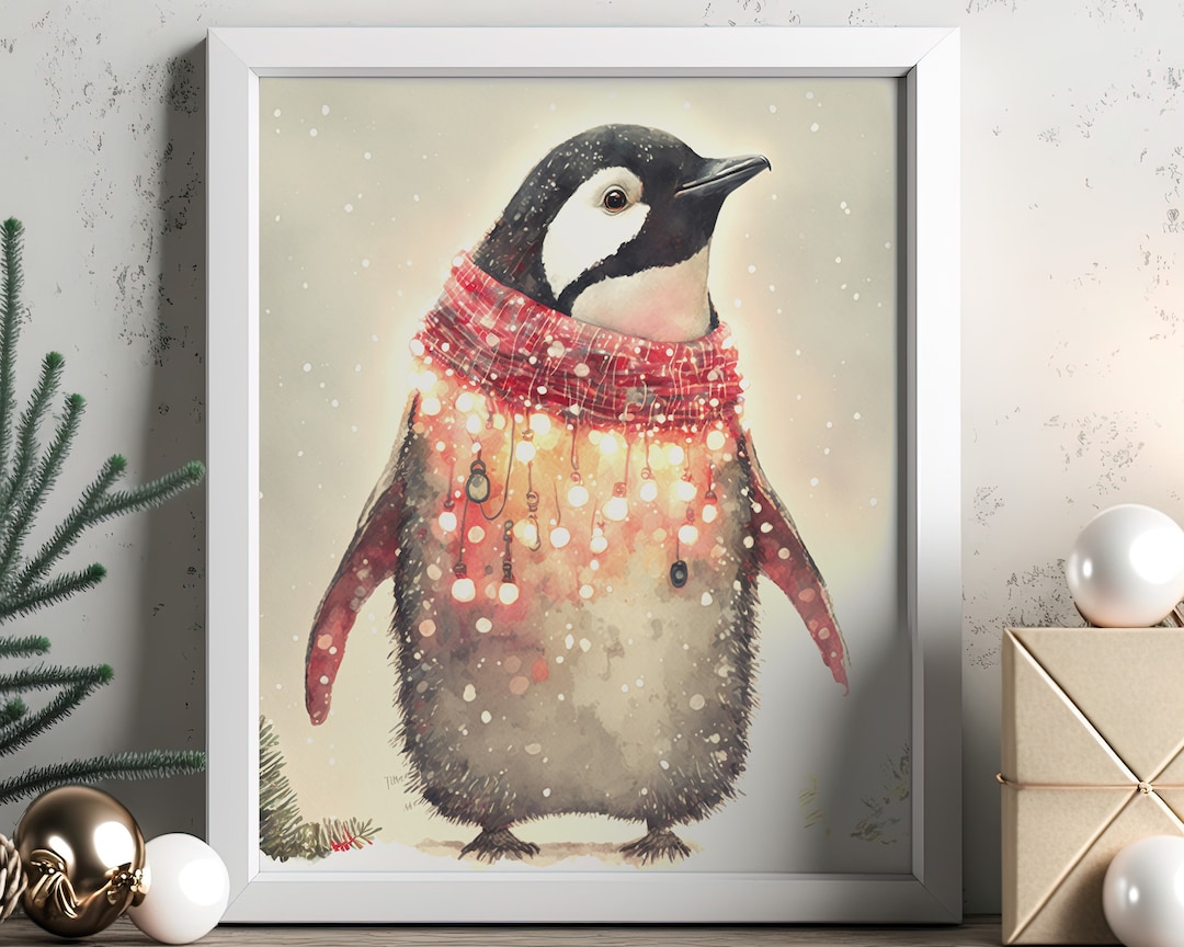 Printable Christmas Penguin Art - Watercolor Painting Instant Digital ...