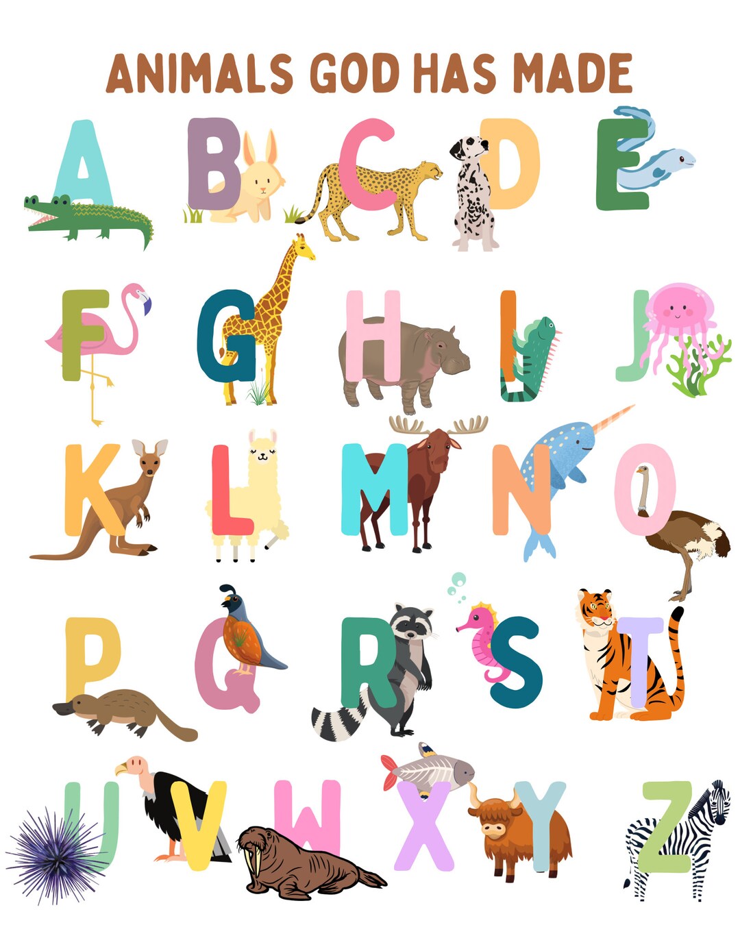 Christian ABC Animal Digital Download for Kids Room - Etsy