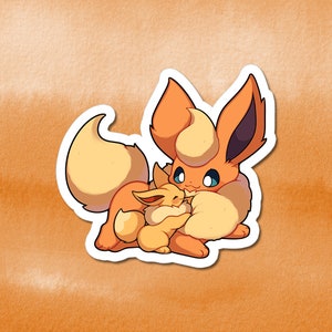 Flareon With Eevee Sticker Kawaii Pokemon Sticker Cute Waterproof Decal ...