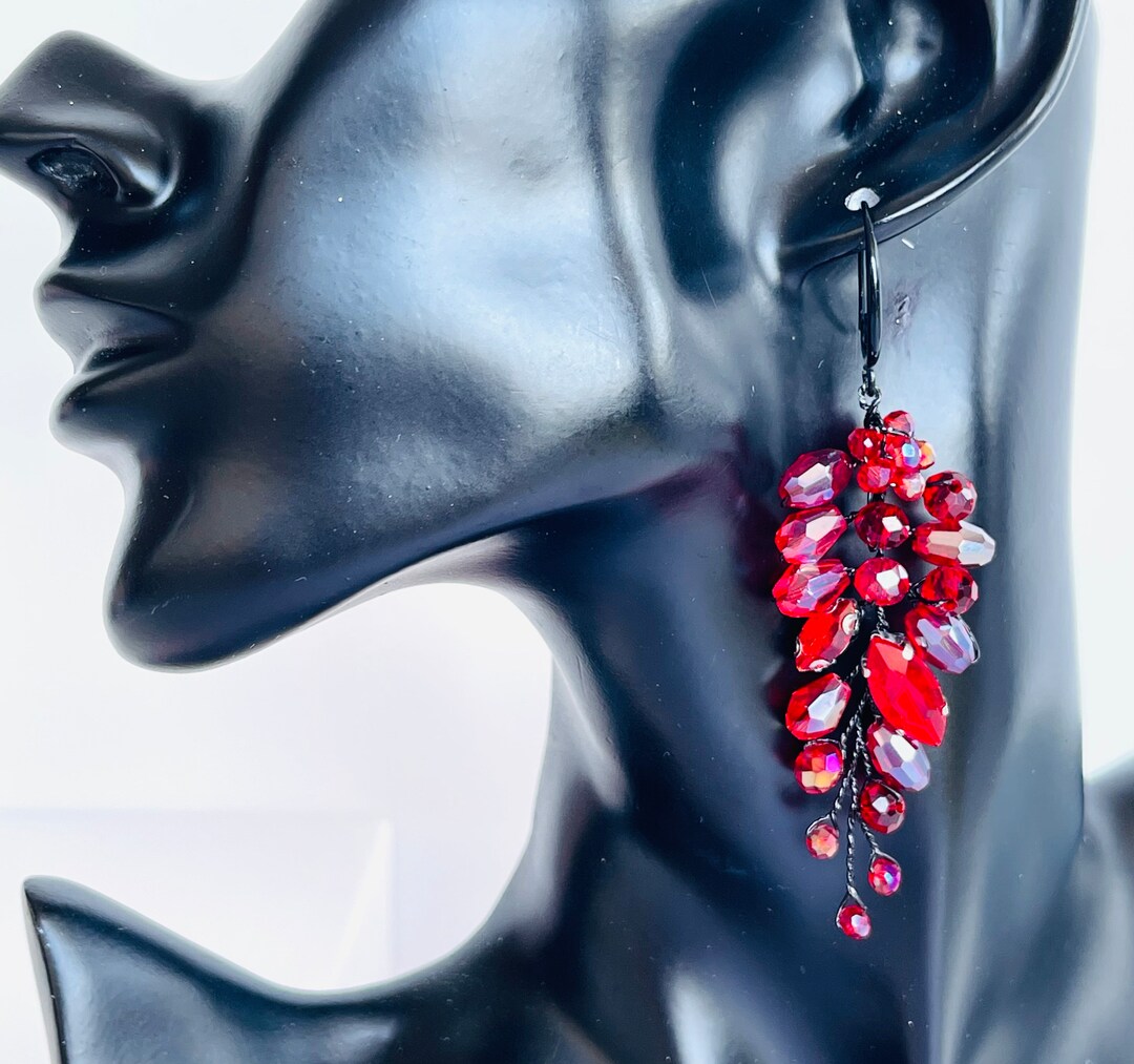 Gorgeous Red Crystal Earrings, Long Dangle Drop Earrings, Red ...