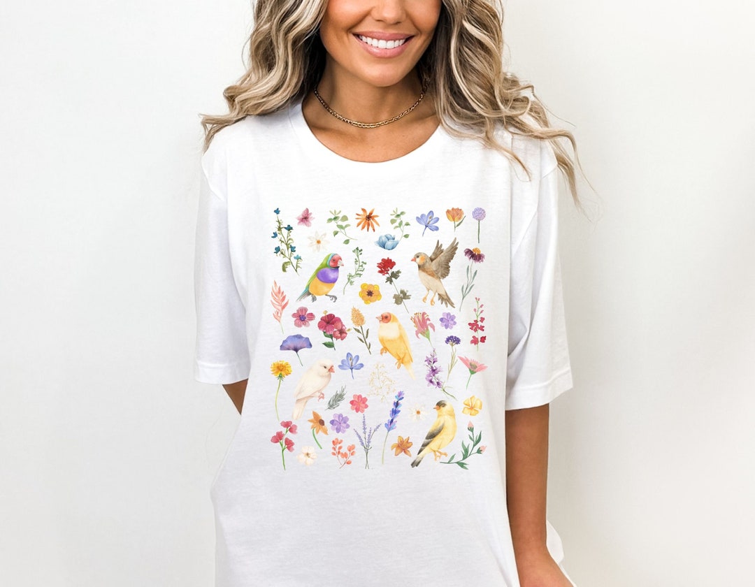 Finch Shirt Gift for Bird Lover Tshirt, Cute Floral Finch Graphic Tee ...
