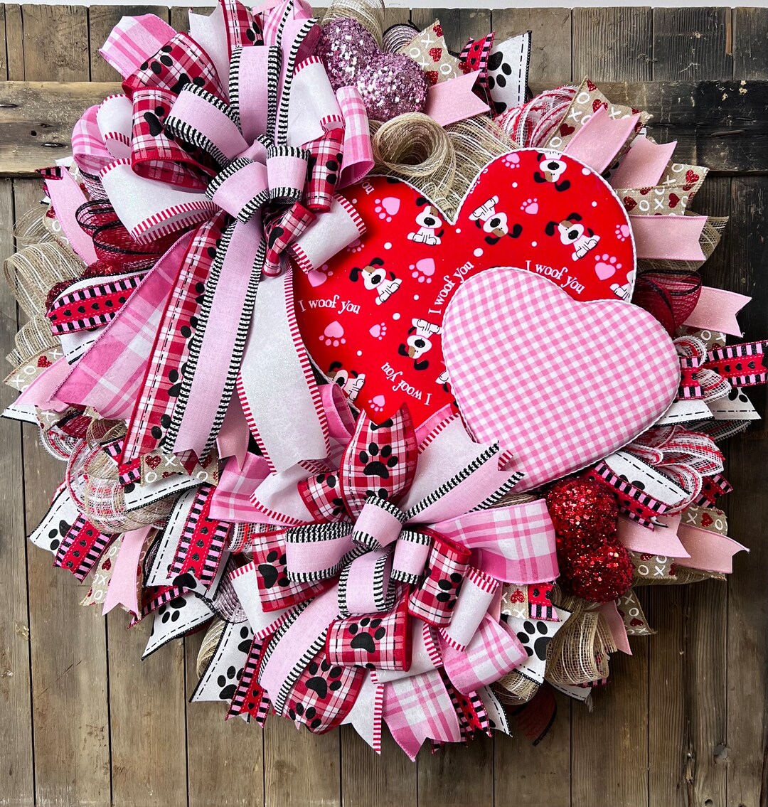I Woof You Valentines Day Deco Mesh Wreath With Double Heart Handmade ...